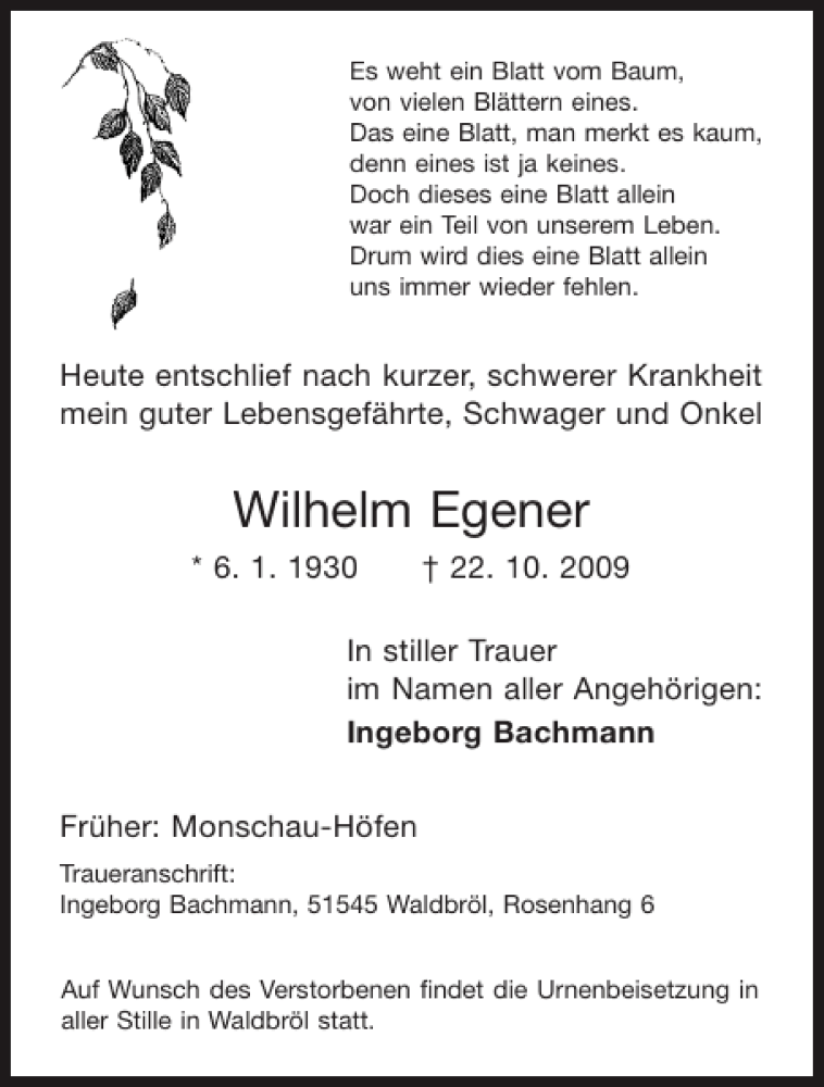 Traueranzeigen von Wilhelm Egener | Aachen gedenkt