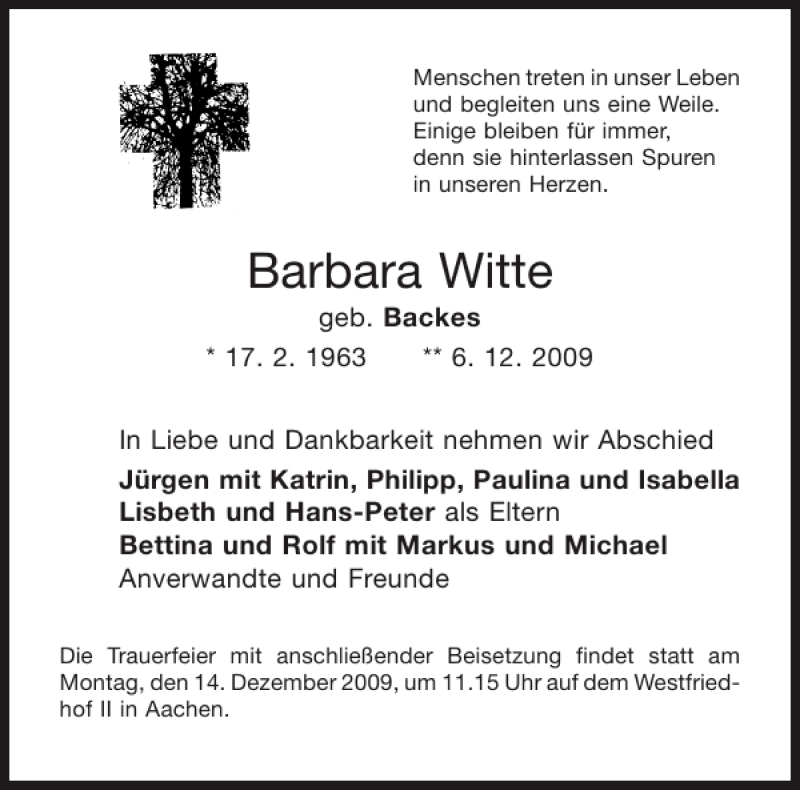 Traueranzeigen von Barbara Witte | Aachen gedenkt