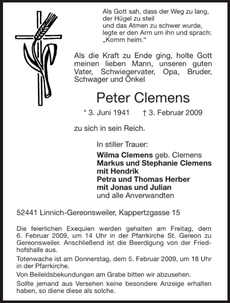 Traueranzeigen von Peter Clemens | Aachen gedenkt