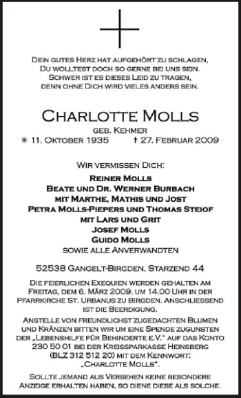 Traueranzeigen von Charlotte Molls | Aachen gedenkt