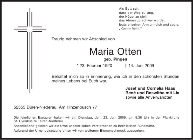 Traueranzeigen von Maria Otten | Aachen gedenkt