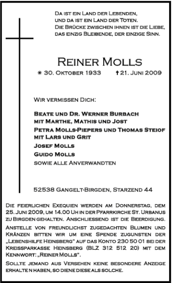 Traueranzeigen von Reiner Molls | Aachen gedenkt