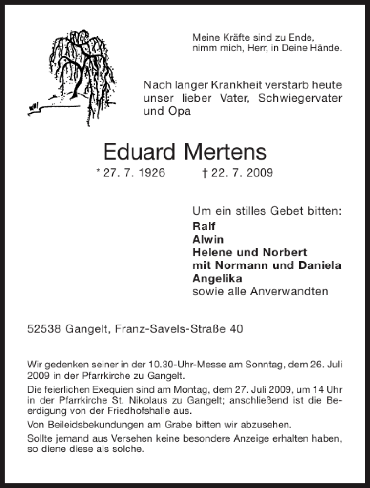 Traueranzeigen von Eduard Mertens | Aachen gedenkt