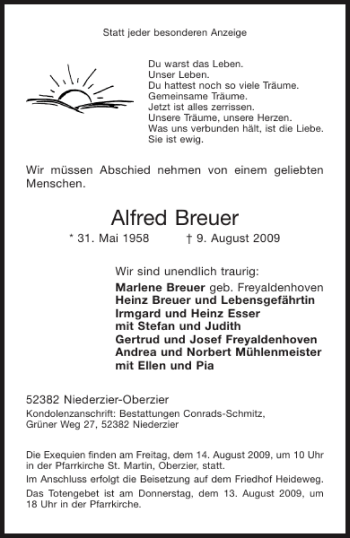 Traueranzeigen von Alfred Breuer | Aachen gedenkt