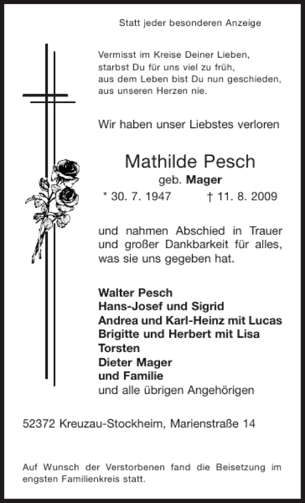 Traueranzeigen von Mathilde Pesch | Aachen gedenkt