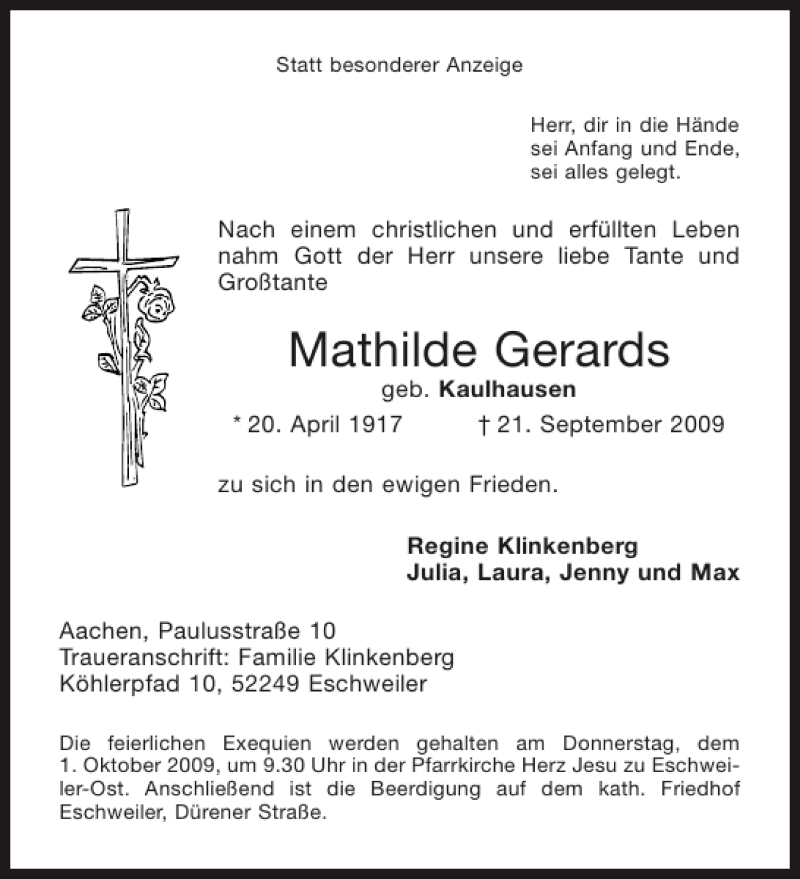 Traueranzeigen von Mathilde Gerards | Aachen gedenkt
