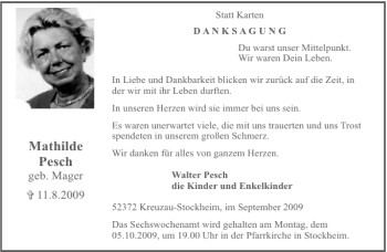 Traueranzeigen von Mathilde Pesch | Aachen gedenkt