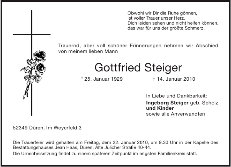 Traueranzeigen von Gottfried Steiger | Aachen gedenkt Traueranzeigen von Gottfried Steiger | Aachen gedenkt