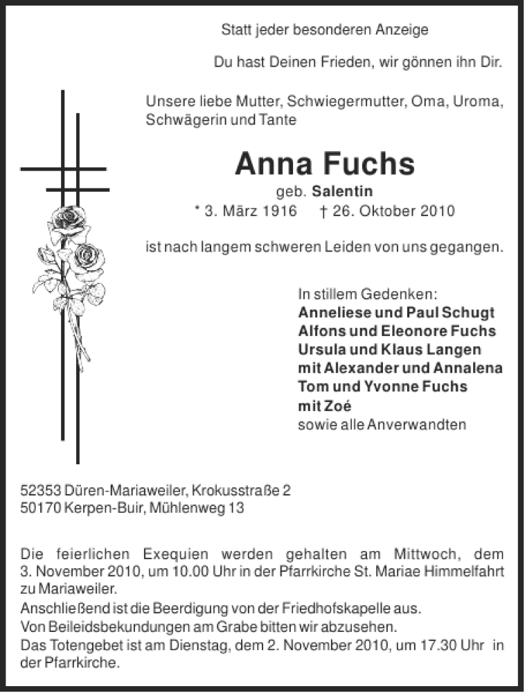 Traueranzeigen von Anna Fuchs | Aachen gedenkt