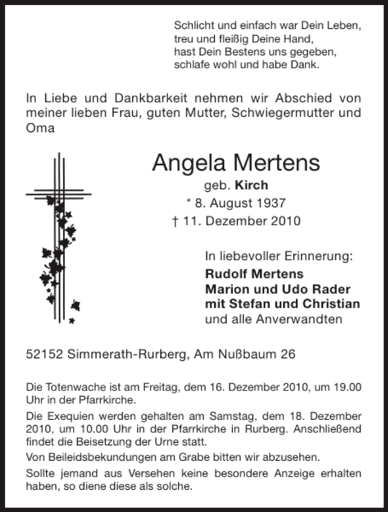 Traueranzeigen von Angela Mertens | Aachen gedenkt