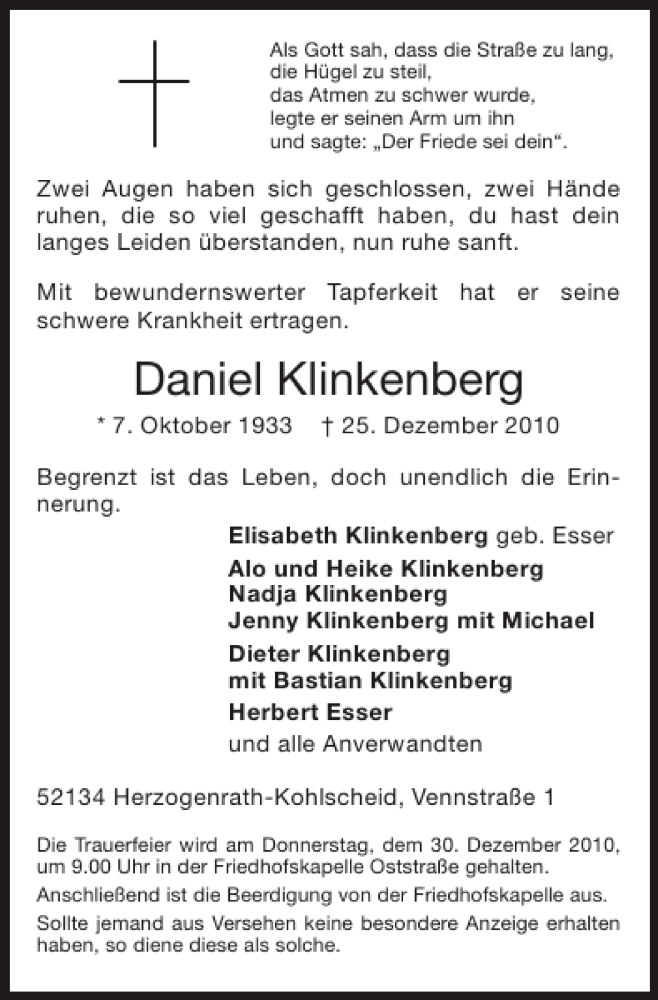 Traueranzeigen von Daniel Klinkenberg | Aachen gedenkt