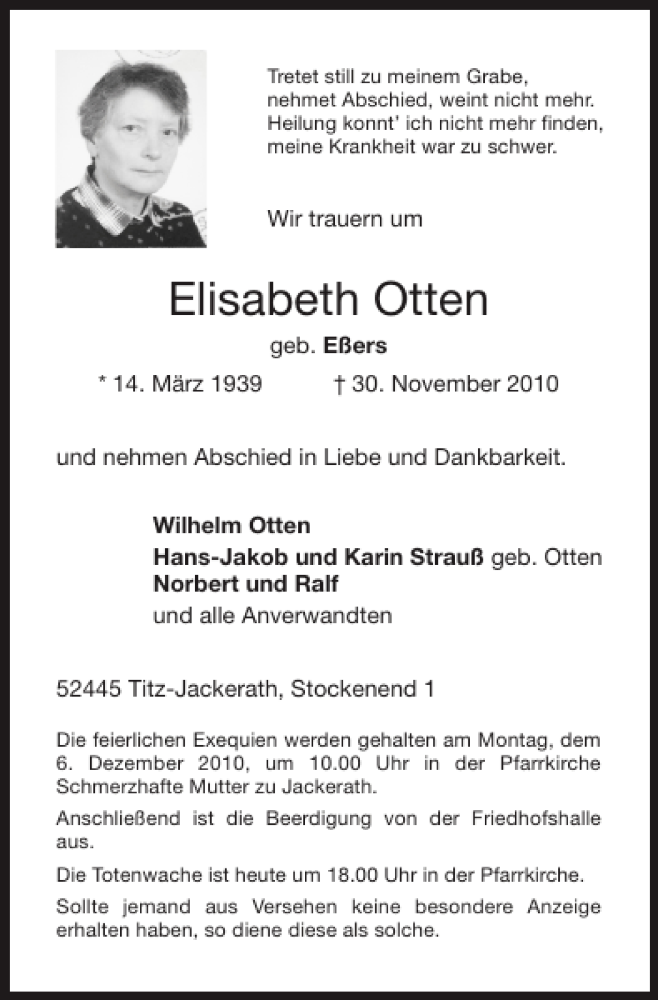 Traueranzeigen von Elisabeth Otten | Aachen gedenkt