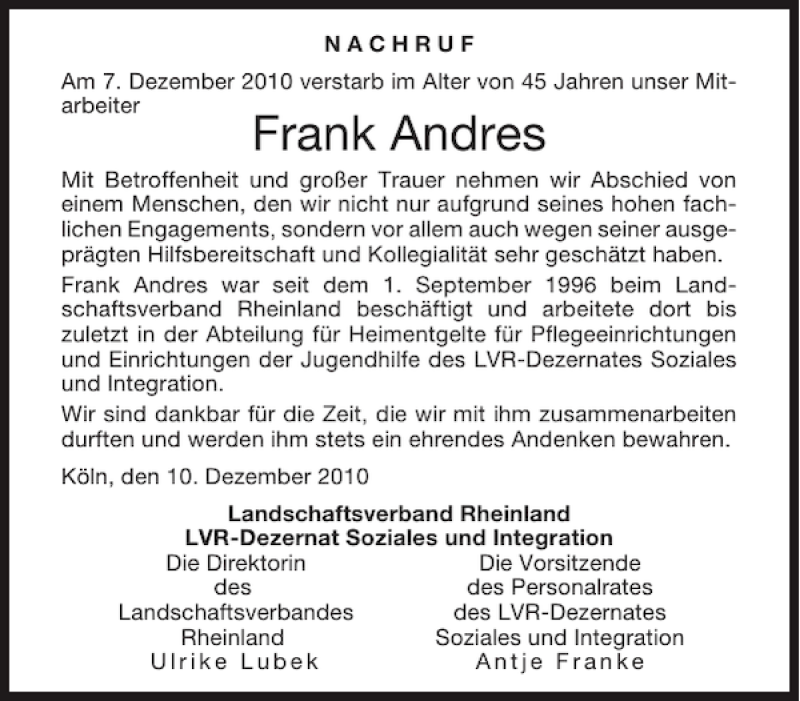 Traueranzeigen von Frank Andres | Aachen gedenkt