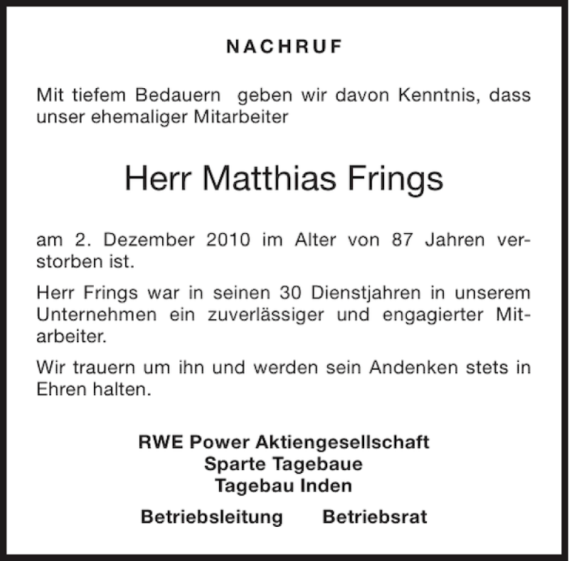 Traueranzeigen von Matthias Frings | Aachen gedenkt