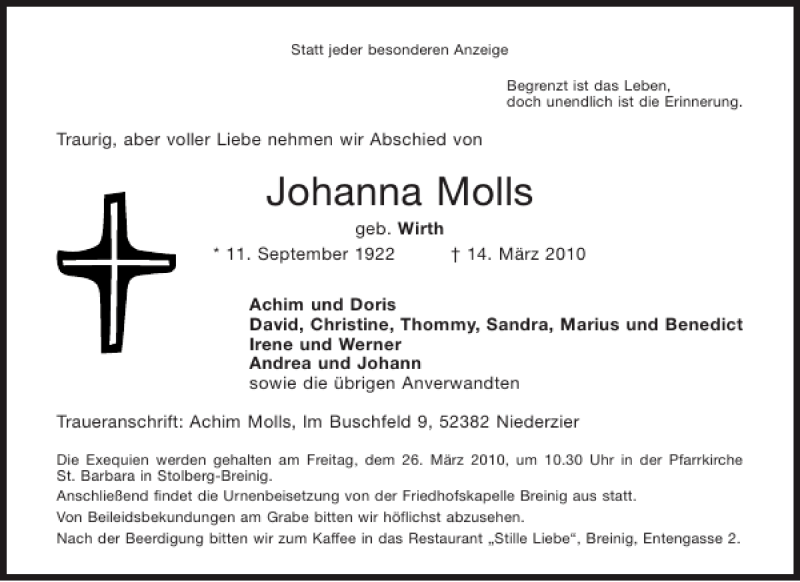 Traueranzeigen von Johanna Molls | Aachen gedenkt