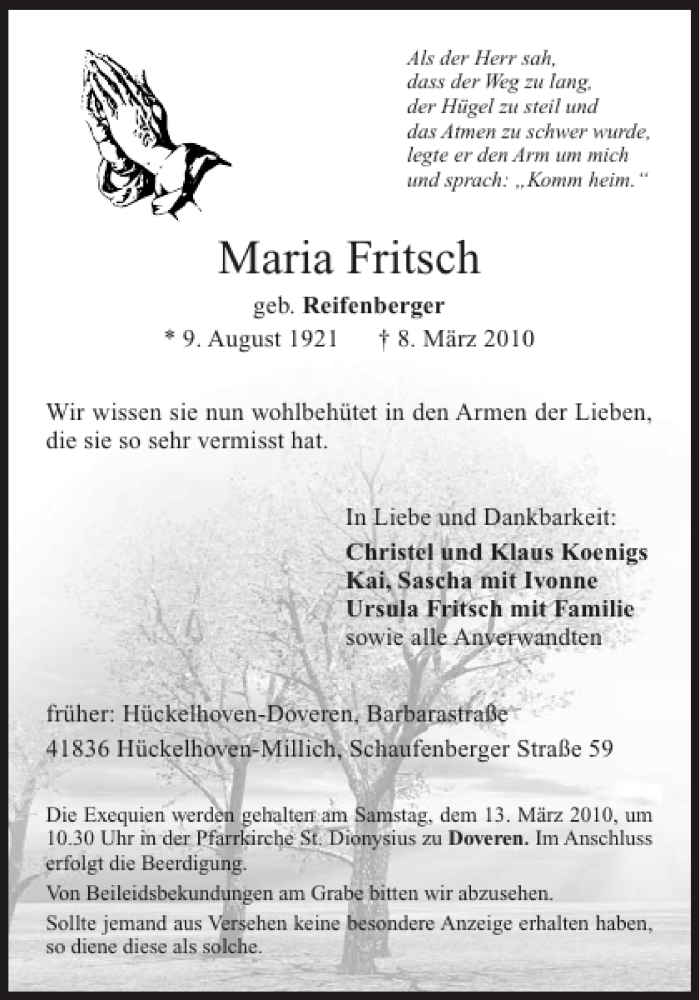 Traueranzeigen von Maria Fritsch | Aachen gedenkt