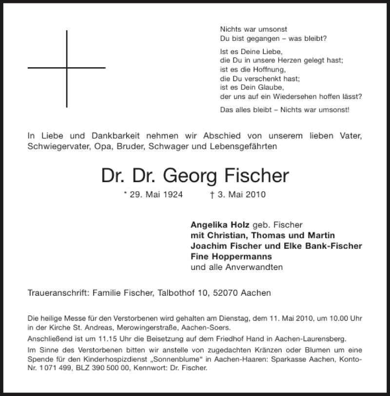 Traueranzeigen von Dr. Dr. Georg Fischer | Aachen gedenkt