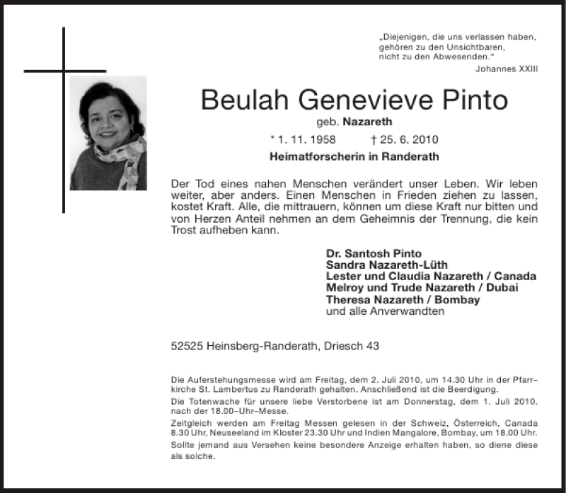 Traueranzeigen von Beulah Genevieve Pinto | Aachen gedenkt