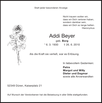 Traueranzeigen von Addi Beyer | Aachen gedenkt