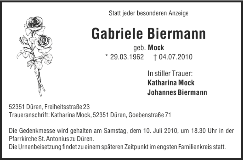 Traueranzeigen von Gabriele Biermann | Aachen gedenkt Traueranzeigen von Gabriele Biermann | Aachen gedenkt