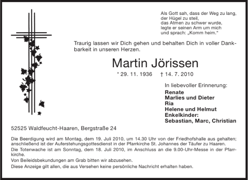 Traueranzeigen von Martin Jörissen | Aachen gedenkt