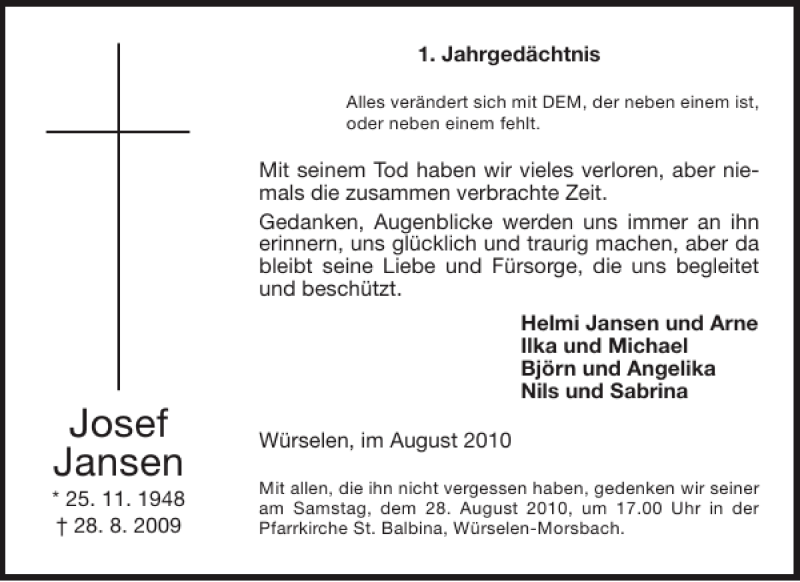 Traueranzeigen von Josef Jansen | Aachen gedenkt