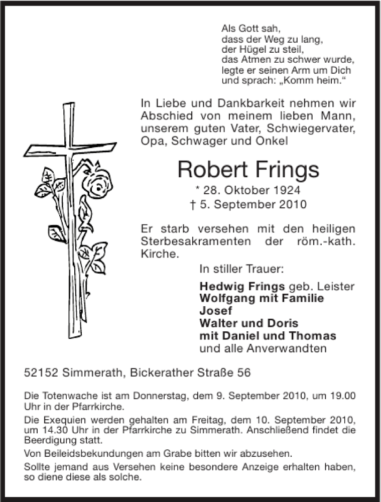 Traueranzeigen von Robert Frings | Aachen gedenkt