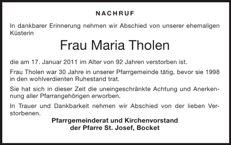 Traueranzeigen von Frau Maria Tholen | Aachen gedenkt Traueranzeigen von Frau Maria Tholen | Aachen gedenkt