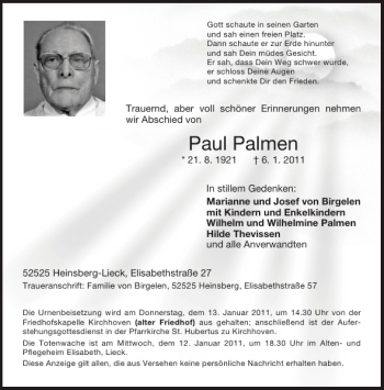 Traueranzeigen von Paul Palmen | Aachen gedenkt