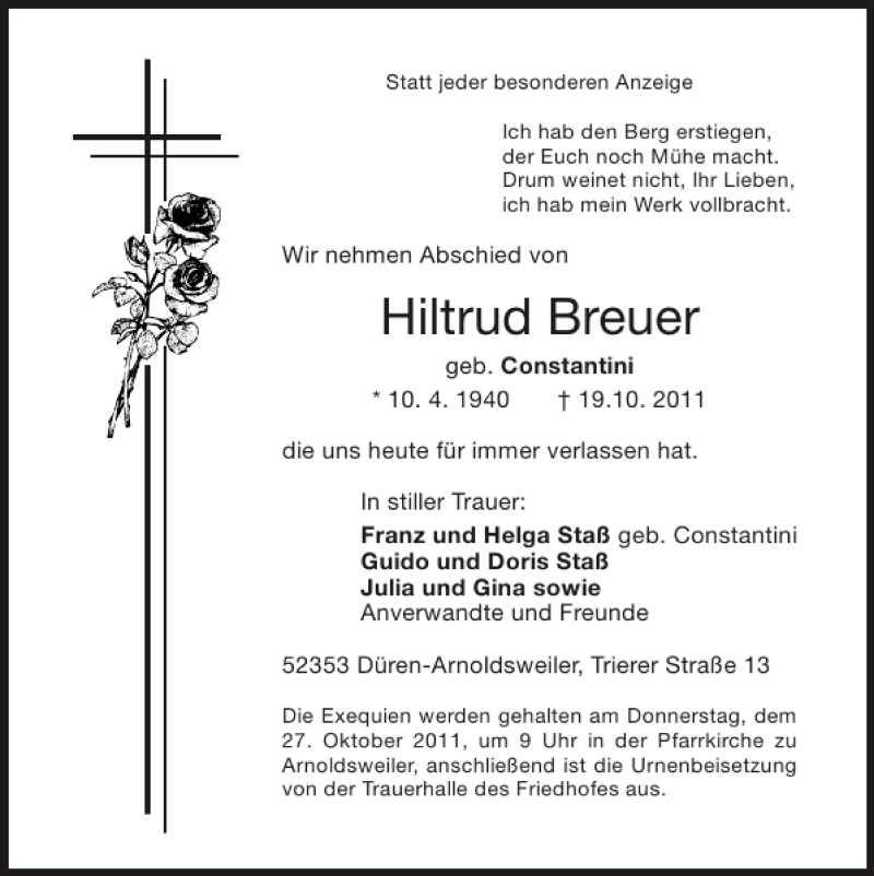 Traueranzeigen von Hiltrud Breuer | Aachen gedenkt Traueranzeigen von Hiltrud Breuer | Aachen gedenkt