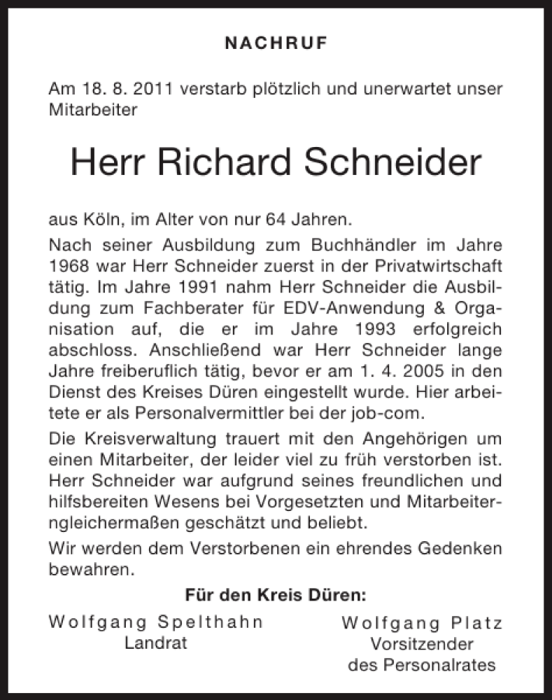 Traueranzeigen von Richard Schneider | Aachen gedenkt