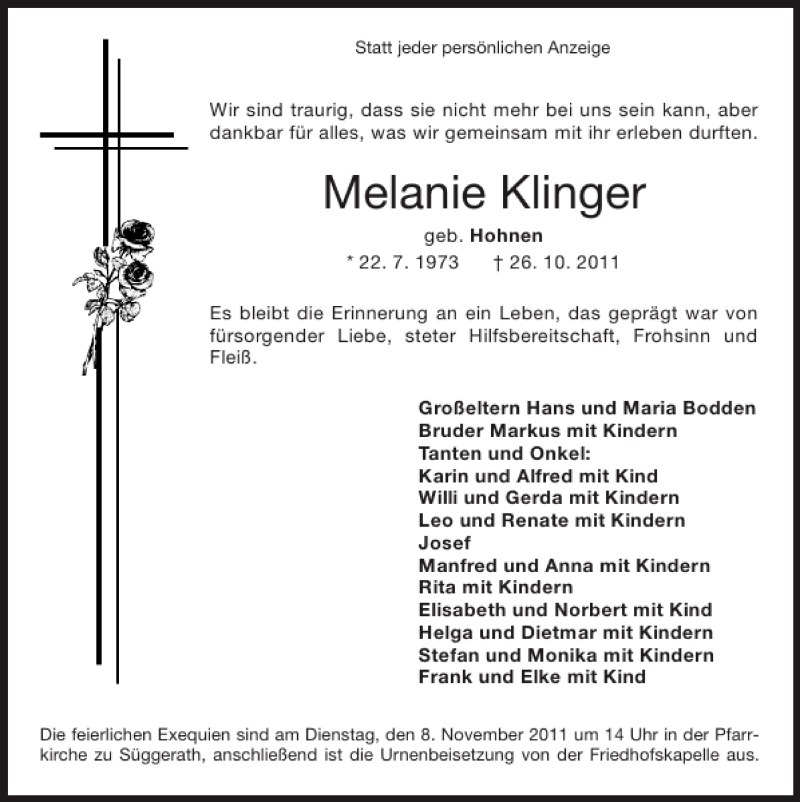 Traueranzeigen von Melanie Klinger | Aachen gedenkt