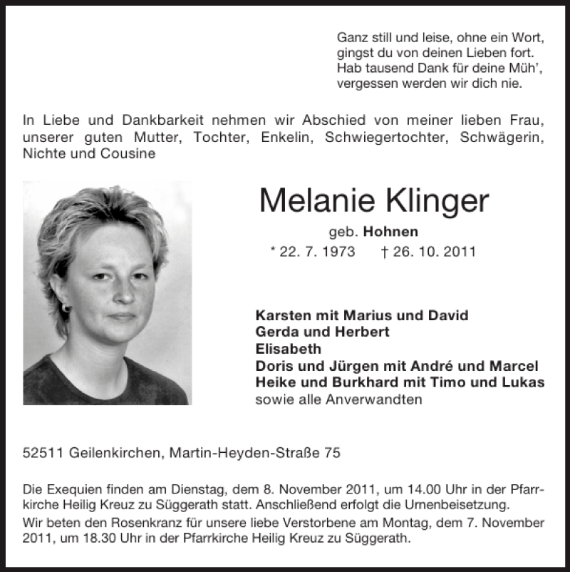 Traueranzeigen von Melanie Klinger | Aachen gedenkt
