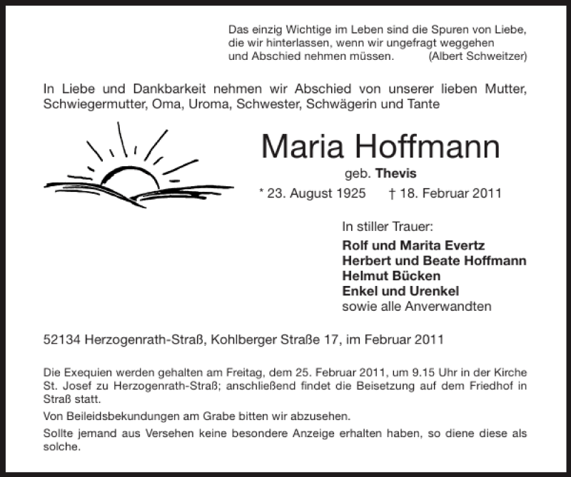 Traueranzeigen von Maria Hoffmann | Aachen gedenkt