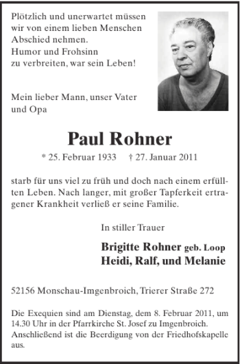 Traueranzeigen von Paul Rohner | Aachen gedenkt