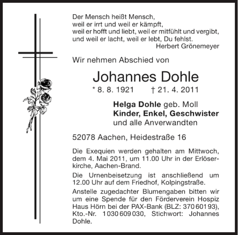Traueranzeigen von Johannes Dohle | Aachen gedenkt