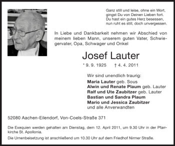 Traueranzeigen von Josef Lauter | Aachen gedenkt