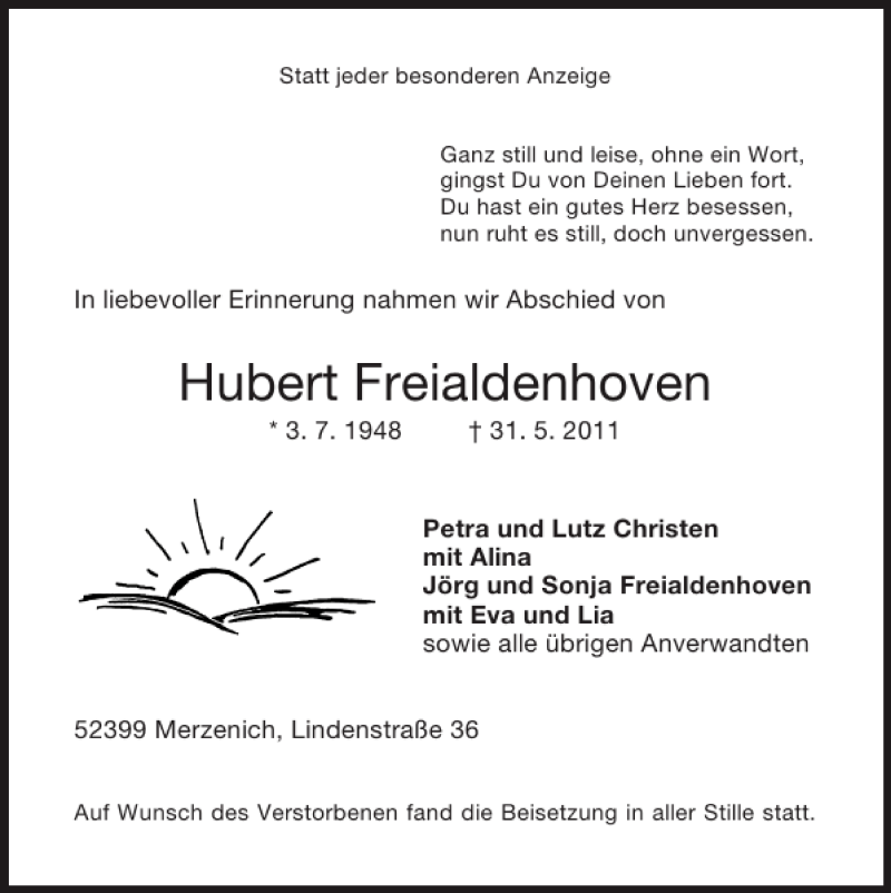 Traueranzeigen von Hubert Freialdenhoven | Aachen gedenkt
