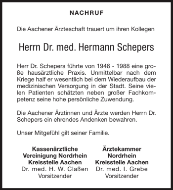 Traueranzeigen von Dr. med. Hermann Schepers | Aachen gedenkt