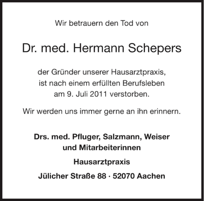 Traueranzeigen von Dr. med. Hermann Schepers | Aachen gedenkt