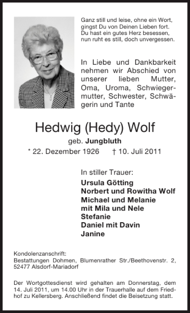 Traueranzeigen von Hedwig Hedy Wolf | Aachen gedenkt