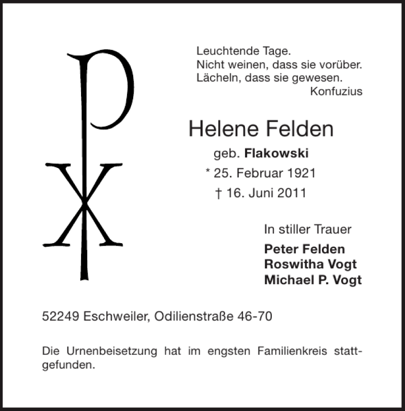 Traueranzeigen von Helene Felden | Aachen gedenkt