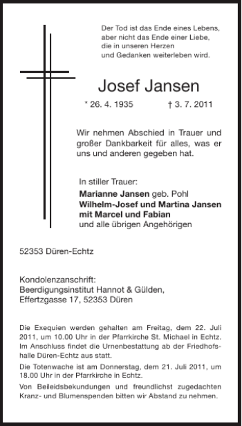 Traueranzeigen von Josef Jansen | Aachen gedenkt