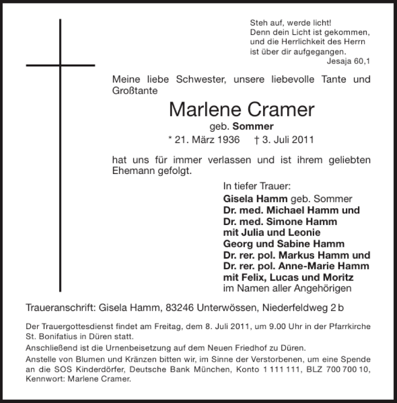 Traueranzeigen von Marlene Cramer | Aachen gedenkt