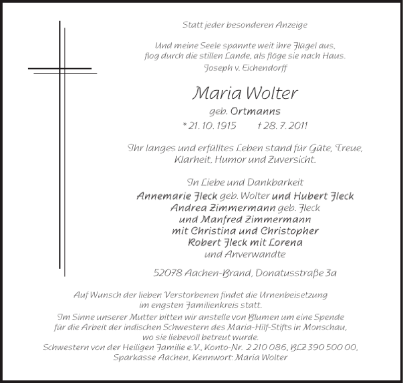 Traueranzeigen von Maria Wolter | Aachen gedenkt