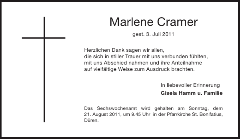 Traueranzeigen von Marlene Cramer | Aachen gedenkt