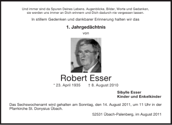 Traueranzeigen von Robert Esser | Aachen gedenkt