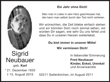 Traueranzeigen von Sigrid Neubauer | Aachen gedenkt