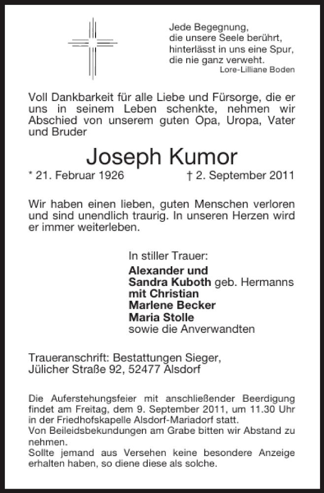 Traueranzeigen von Joseph Kumor | Aachen gedenkt