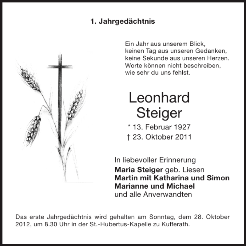 Traueranzeigen von Leonhard Steiger | Aachen gedenkt Traueranzeigen von Leonhard Steiger | Aachen gedenkt